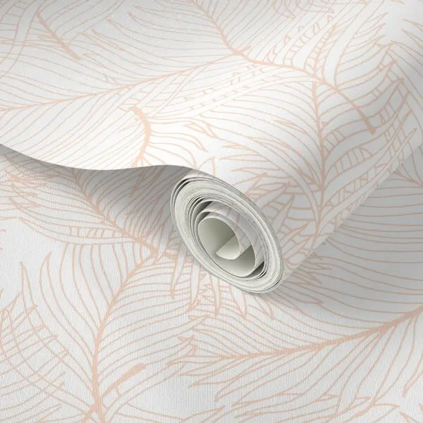 Spoonflower Pink Leaves Modern Tree Leaf Palm Line Custom Pre-pasted Wallpaper - White,gray
