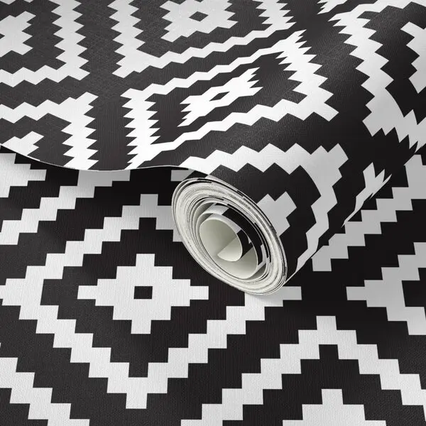 Spoonflower Black White Diamonds Triangles Southwestern Custom Pre-pasted Wallpaper - Black,purple,gray