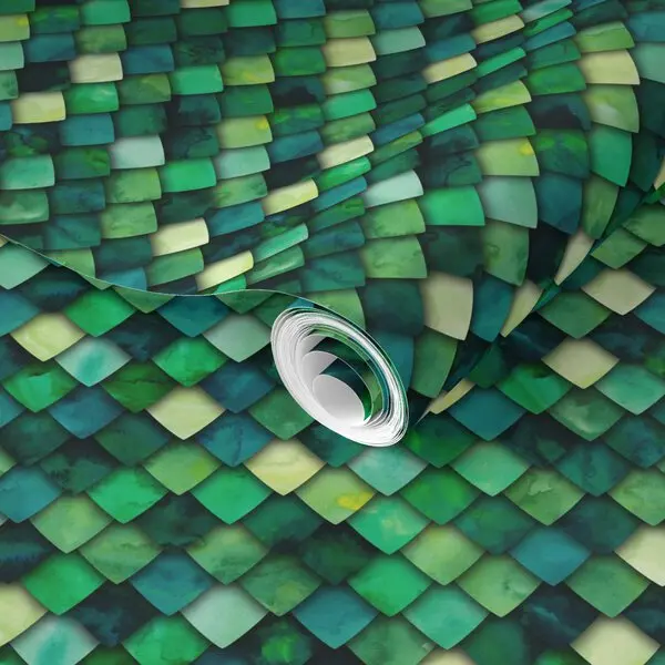 Spoonflower Dragon Scales Green Multi Scale Trendy Mermaid Custom Removable Wallpaper - Green,blue,sage