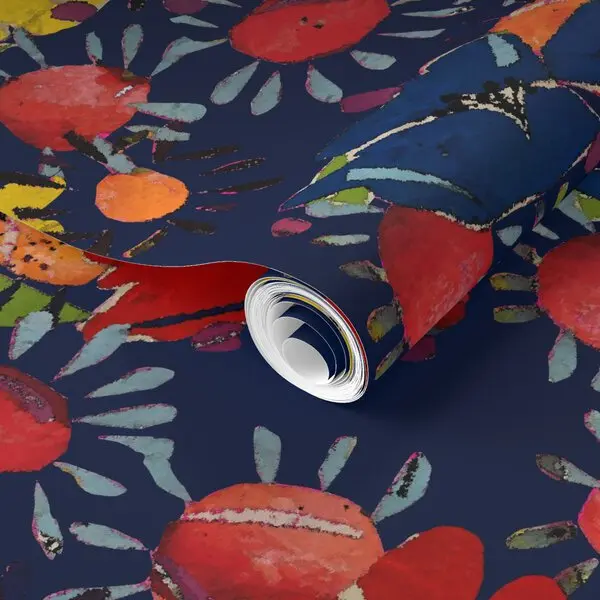 Spoonflower Bold Primary Colors Floral Pattern Art Dark Navy Custom Pre-pasted Wallpaper - Black,brown,green