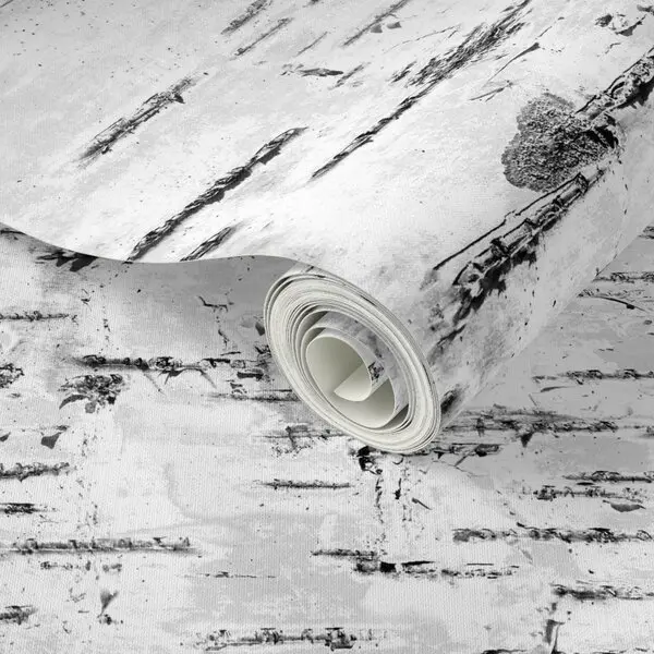 Spoonflower Woodland Birch Bark White Tree Neutral Forest Faux Custom Pre-pasted Wallpaper - White,black,gray