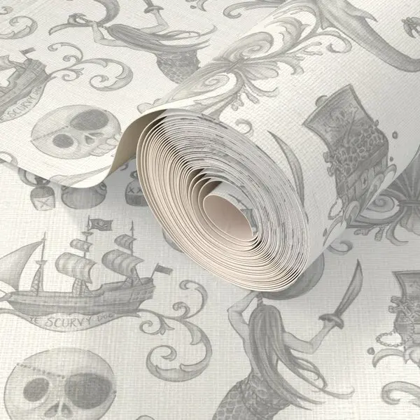 Spoonflower Antique Gray Shell Octopus Nautical Mermaid Whale Custom Removable Wallpaper