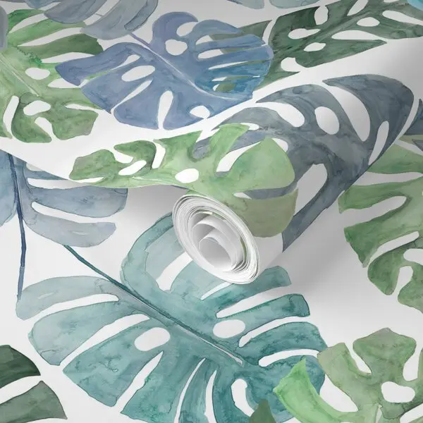 Spoonflower Green Blue Leaves Nature Grey Tropical Custom Pre-pasted Wallpaper - Teal,mint,blue