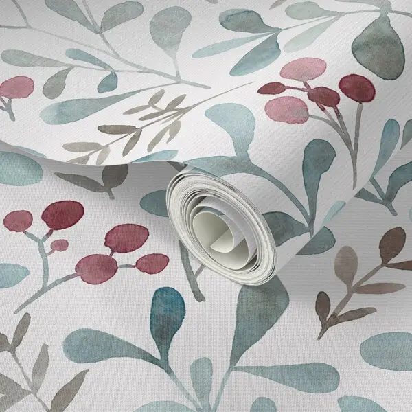 Spoonflower Winter Botanical Holly Mistletoe Berries Greenery Custom Pre-pasted Wallpaper - Blue,red,gray