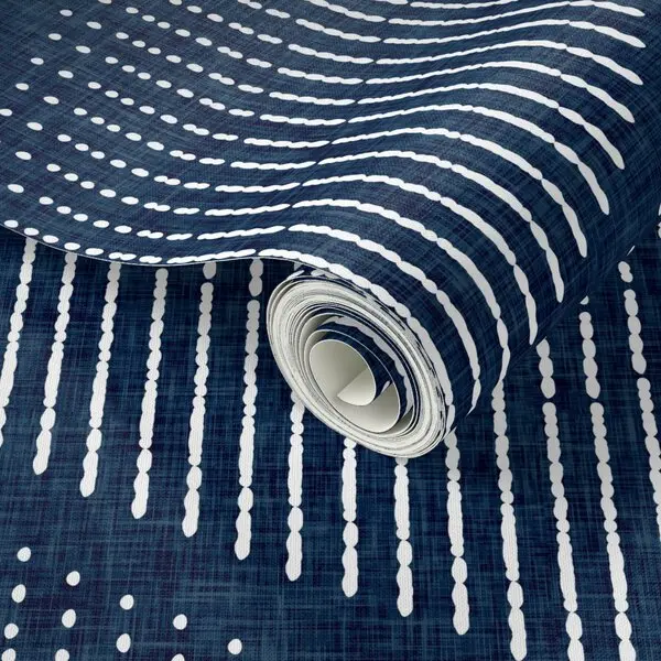 Spoonflower Navy Trendy Decor Dash Tribal Mud Cloth Dark Custom Pre-pasted Wallpaper - White,blue,gray