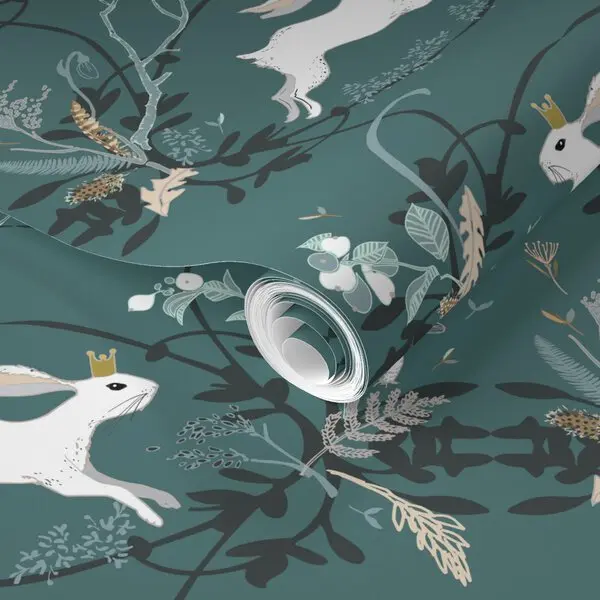 Spoonflower Bunny Damask Teal Forest Rabbit Easter Hare Custom Removable Wallpaper