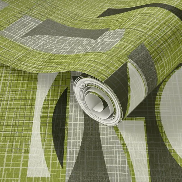 Spoonflower Geometric 60s Texture Movement Atomic Mid Century Custom Pre-pasted Wallpaper - Sage,green