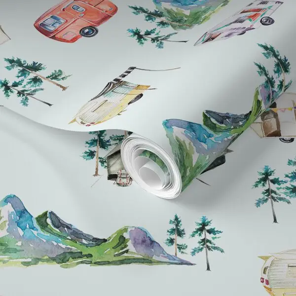 Spoonflower Forest Woodland Tree Bus Watercolor Van Camping Custom Pre-pasted Wallpaper