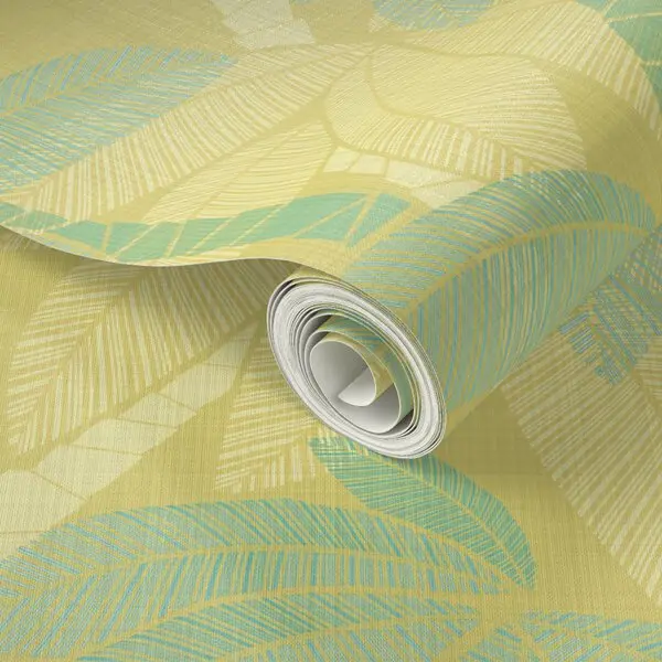 Spoonflower Turquoise Palm Tree Aqua Blue Texture Tropical Custom Pre-pasted Wallpaper - Yellow,green,sage