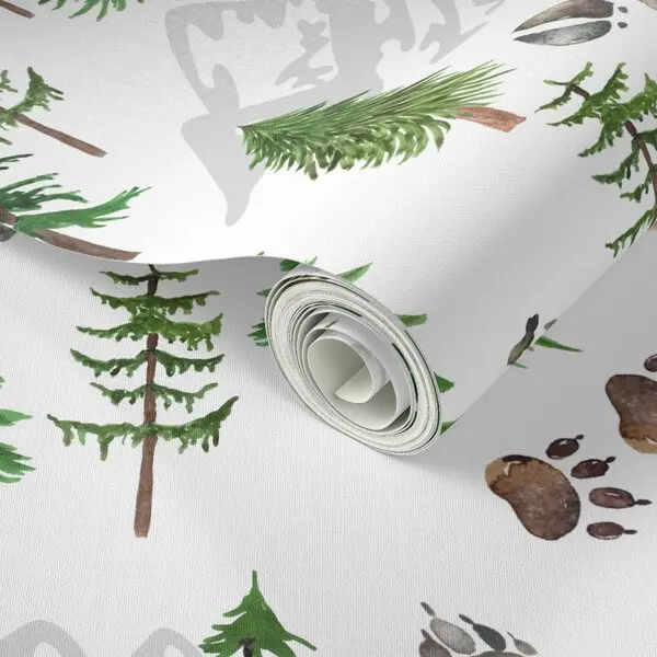 Spoonflower Forest Woodland Trees Footprints Watercolor Custom Removable Wallpaper - Green,gray