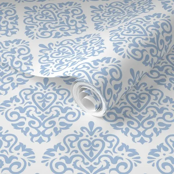 Spoonflower Blue White Nursery Damask Diamond Custom Pre-pasted Wallpaper - White,blue