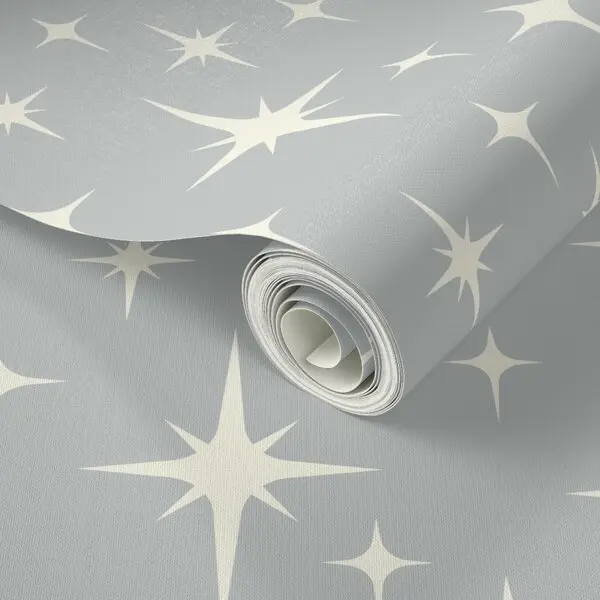 Spoonflower Vintage Stars Retro Grey 1950s Space Custom Pre-pasted Wallpaper - Gray,beige