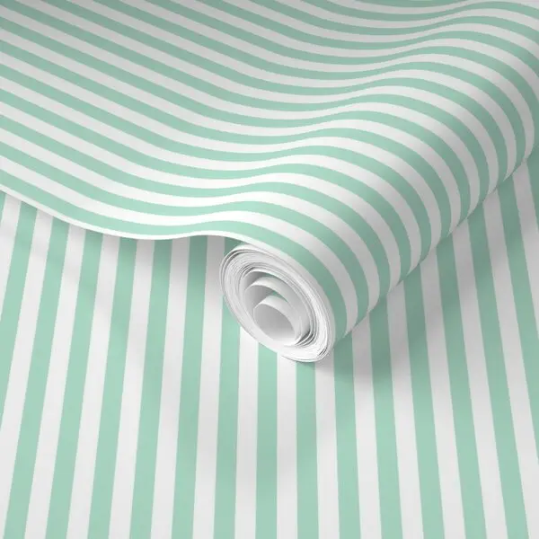 Spoonflower Stripes Vertical Mint Green Striped Traditional Wallpaper - Mint,white,green