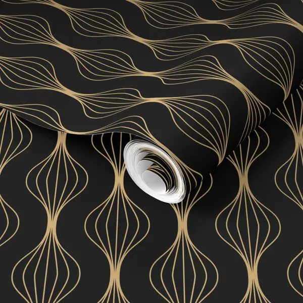 Spoonflower Black And Gold Deco Lines Traditional Wallpaper - Brown,black,green