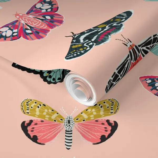 Spoonflower Moths Pastel Mint Insect Butterflies Spring Garden Traditional Wallpaper - Pink,green,red