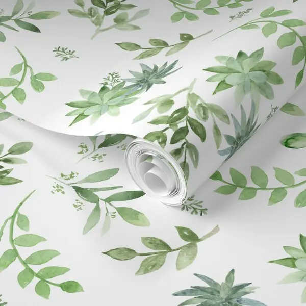 Spoonflower Leaves Watercolor Delicate Bud Greenery Boho Green Traditional Wallpaper - Mint,green
