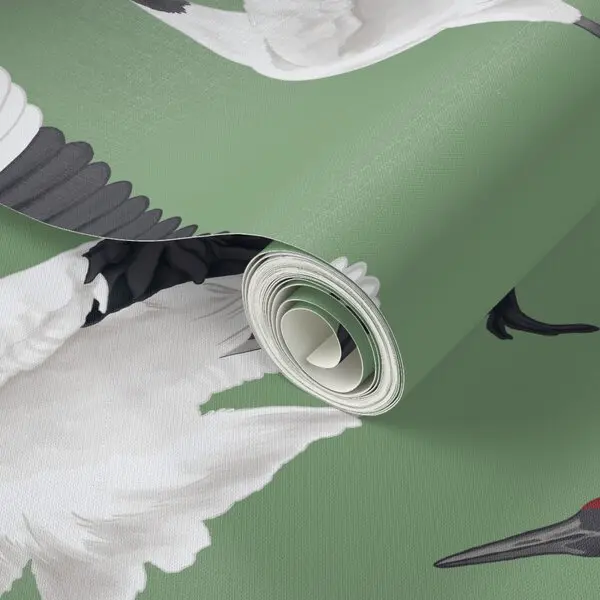 Spoonflower Black And White Green Birds Feathers Bohemian Custom Pre-pasted Wallpaper