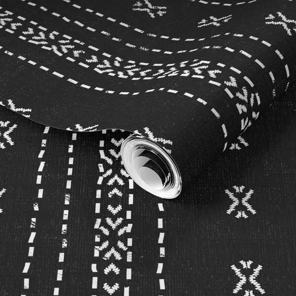 Spoonflower French Tribal Stripe Boho Woven Custom Pre-pasted Wallpaper - Black,white,gray