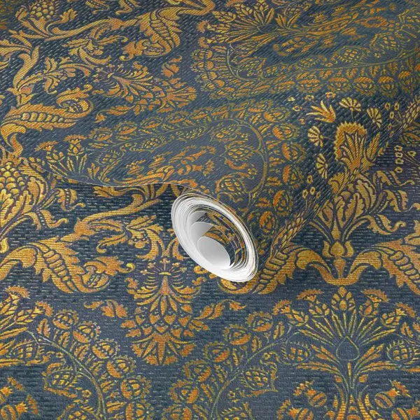 Spoonflower Blue Gold Damask Paisley Persian Medieval Look Custom Removable Wallpaper - Blue,gold,brown