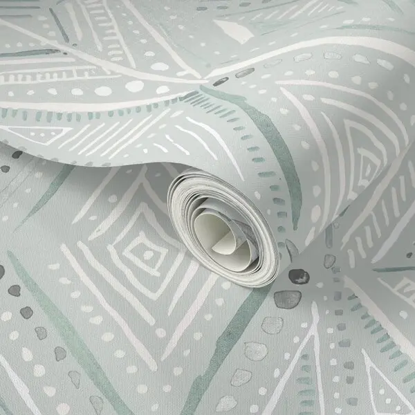 Spoonflower Boho Diamond Sage Diamonds Geometric Triangles Custom Pre-pasted Wallpaper - Blue,white,gray