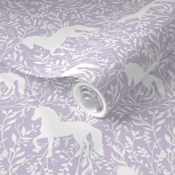 Spoonflower Fairy Tale Unicorn Mythical Horse Fantasy Custom Removable Wallpaper - Purple,gray,white