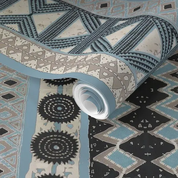 Spoonflower Polynesian Boho Modern Bark Tropical Blue Tan Custom Removable Wallpaper - Blue,gray,white