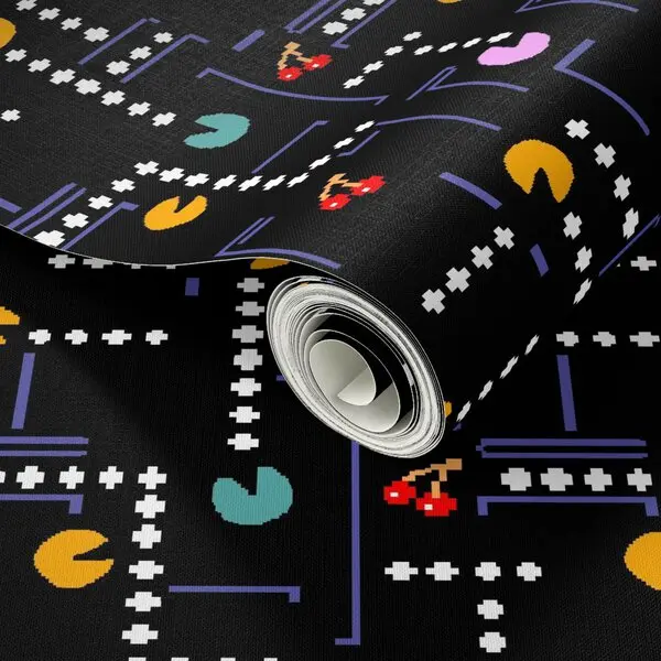 Spoonflower Retro Orange Dots Video Game Cherries Gaming Black Custom Removable Wallpaper
