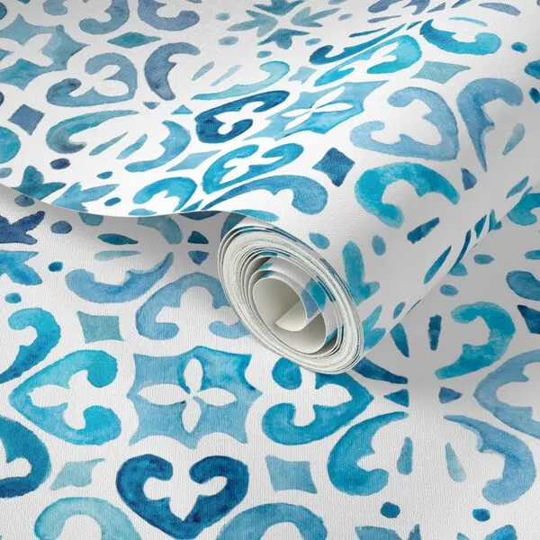 Spoonflower Mosaic Moroccan Tile Trendy Bohemian Painted Custom Removable Wallpaper - Blue