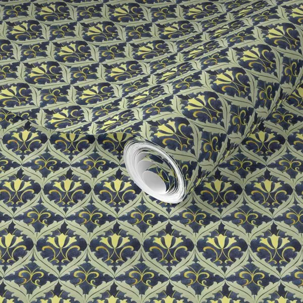 Spoonflower Abstract Victorian Damask Ornate Watercolor Florid Custom Removable Wallpaper - Gray,sage,green