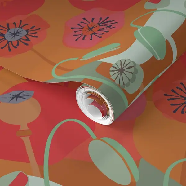 Spoonflower Poppies Copper Red Abstract Poppy Floral Mint Custom Removable Wallpaper - Orange,green,brown