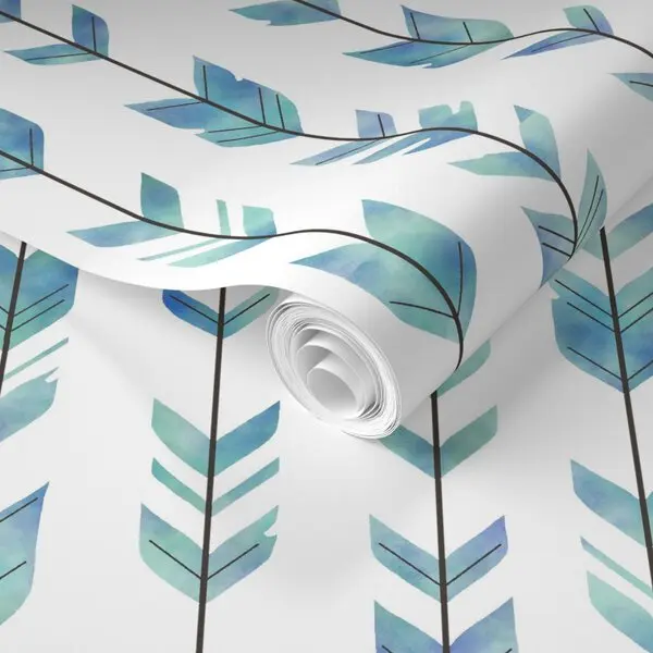 Spoonflower Blue Teal Mint Feather Watercolor Custom Pre-pasted Wallpaper - Blue,gray