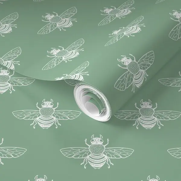 Spoonflower Modern Classic Bee Line Art Honey Custom Pre-pasted Wallpaper - Green