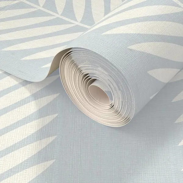 Spoonflower Laurel Leaf Stripe Soft Blue 100% Natural Sisal Grasscloth Wallcovering - Blue,white