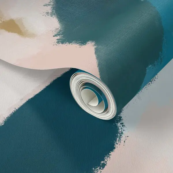 Spoonflower Daubed Abstract Paintscape Scale Teal Gold Paint Custom Removable Wallpaper - Gold,blue,beige