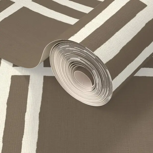 Spoonflower Large Triple Window Pane Cream On Whitall 100% Natural Sisal Grasscloth Wallcovering - Brown
