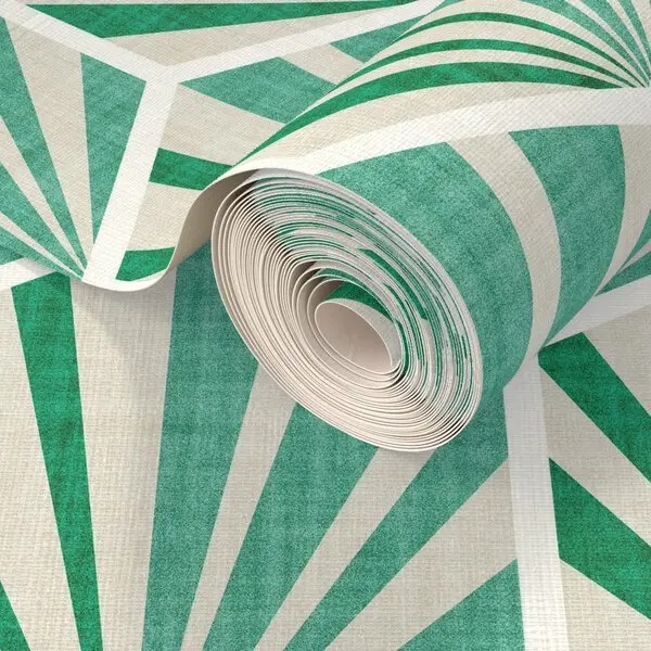 Spoonflower Large Jumbo Scale Retro Geometric Hexagon Palm 100% Natural Sisal Grasscloth Wallcovering - Green
