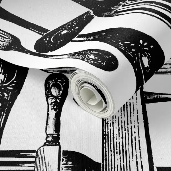 Spoonflower Pop Art Mid Century Graphic Kitchen Spoons Forks Custom Pre-pasted Wallpaper