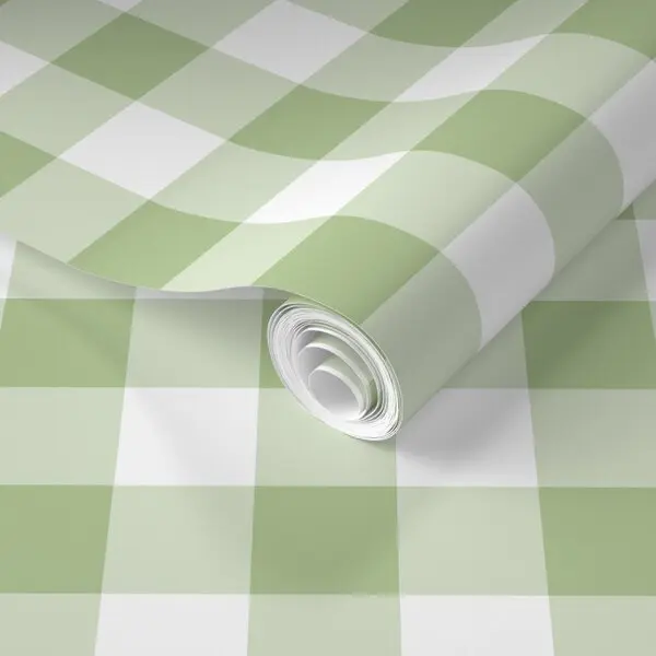 Spoonflower Bold Check Plaid Tartan Buffalo Green White Custom Pre-pasted Wallpaper - Green,white,sage