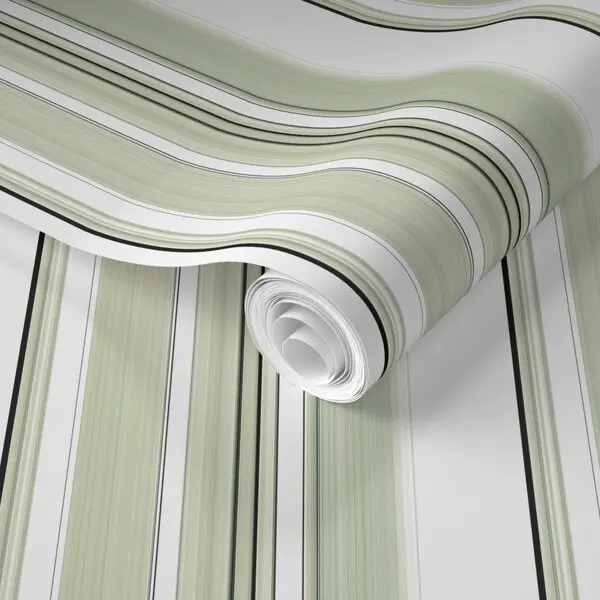 Spoonflower Mint White Stripes Geometric Black Grey Green Custom Removable Wallpaper - Green,gray,sage