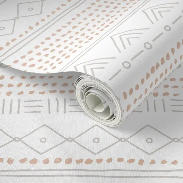 Spoonflower Mudcloth Bohemian Mayan Abstract Aztec Soft Pastel Custom Pre-pasted Wallpaper - White,gray