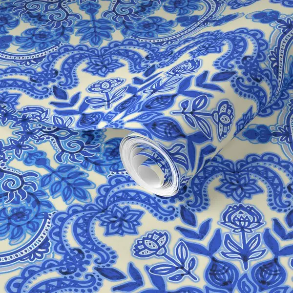 Spoonflower Vintage China Doodle Blue And White Folk Art Traditional Wallpaper - Blue,white,mint