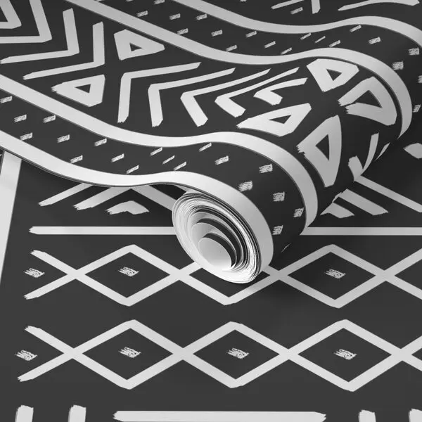 Spoonflower Large Charcoal African Mudcloth Tribal Print Black Custom Removable Wallpaper - Gray,white,black