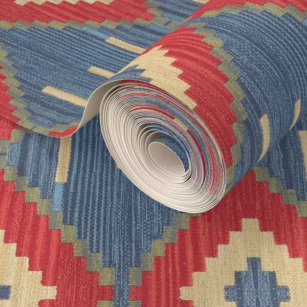 Spoonflower Saddle Home On The Range 2 100% Natural Sisal Grasscloth Wallcovering - Blue