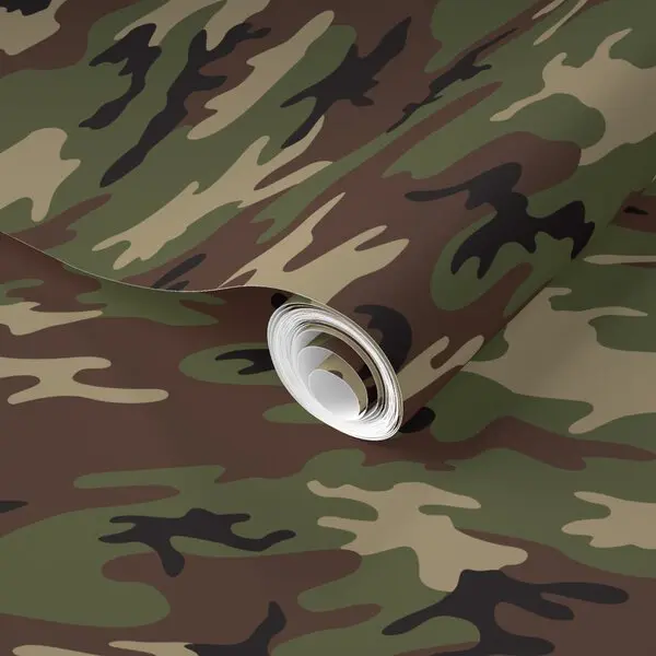 Spoonflower Camo Camouflage Green Brown Hunting Military Custom Removable Wallpaper - Brown,green