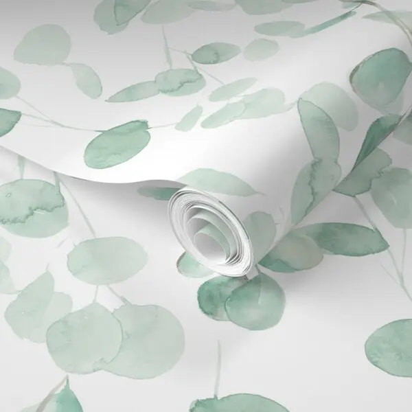 Spoonflower Watercolor Eucalyptus Green Floral Nature Spring Custom Pre-pasted Wallpaper - White,green,mint