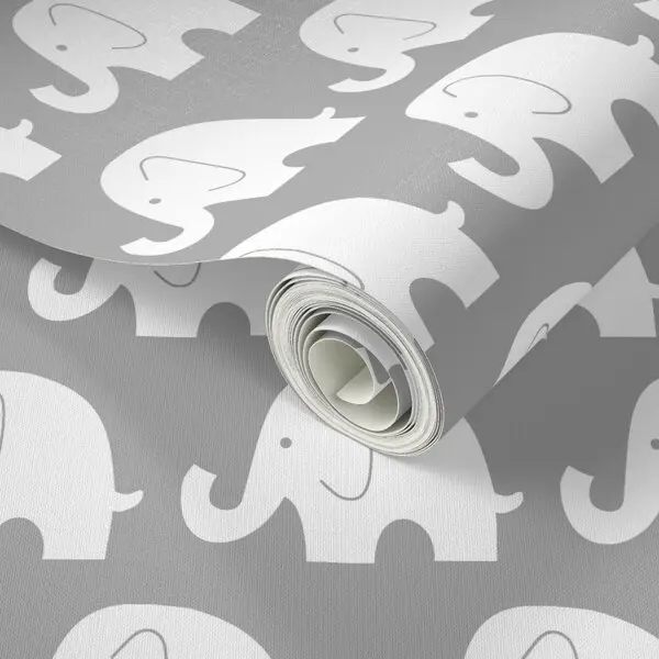 Spoonflower Elephant Grey Baby Elephants Large White Pattern Custom Removable Wallpaper - Gray,white