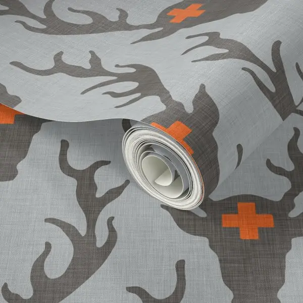 Spoonflower Orange Grey Deer Head Plus Custom Pre-pasted Wallpaper - Gray,brown