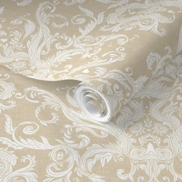 Spoonflower Damask Skulls Candy Macabre Halloween Custom Removable Wallpaper - Beige,white,gray