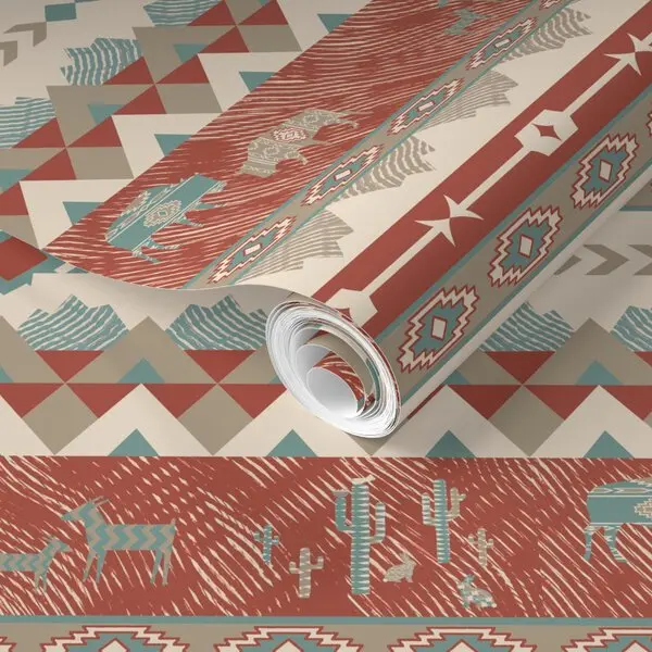 Spoonflower Southwest Village Brick Red Teal Geometric Arrows Custom Pre-pasted Wallpaper