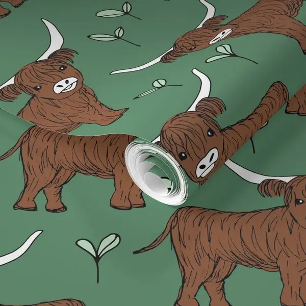 Spoonflower Green Animals Scandinavian Cow Scottish Cows Bull Custom Pre-pasted Wallpaper - Green,mint,brown
